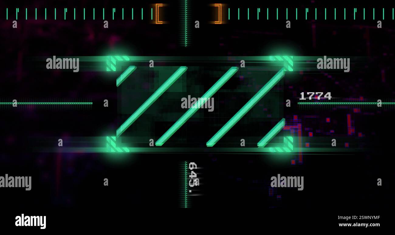 Neon green bars and digital numbers image over dark background with ...