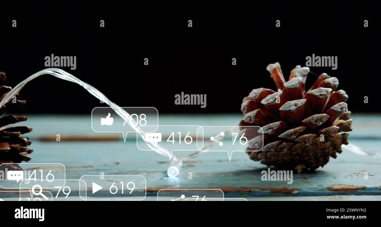 Social media notification icons image over pine cone and water stream ...