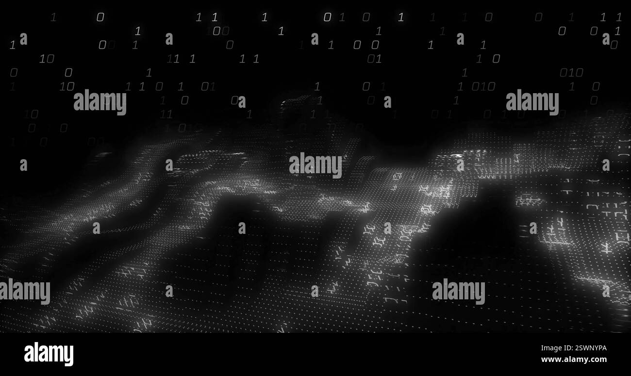 Binary code and digital landscape image over dark background Stock ...
