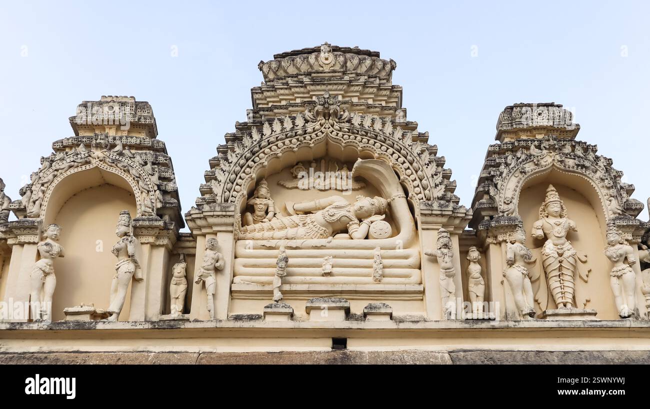 India, Karnataka, Melukote, Beautiful Carving of Lord Vishnu Resting on ...