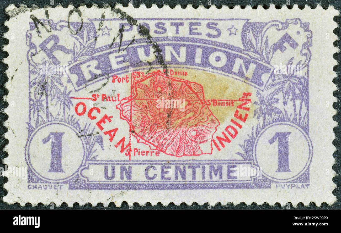 Cancelled postage stamp printed by Reunion, that shows Map of La ...