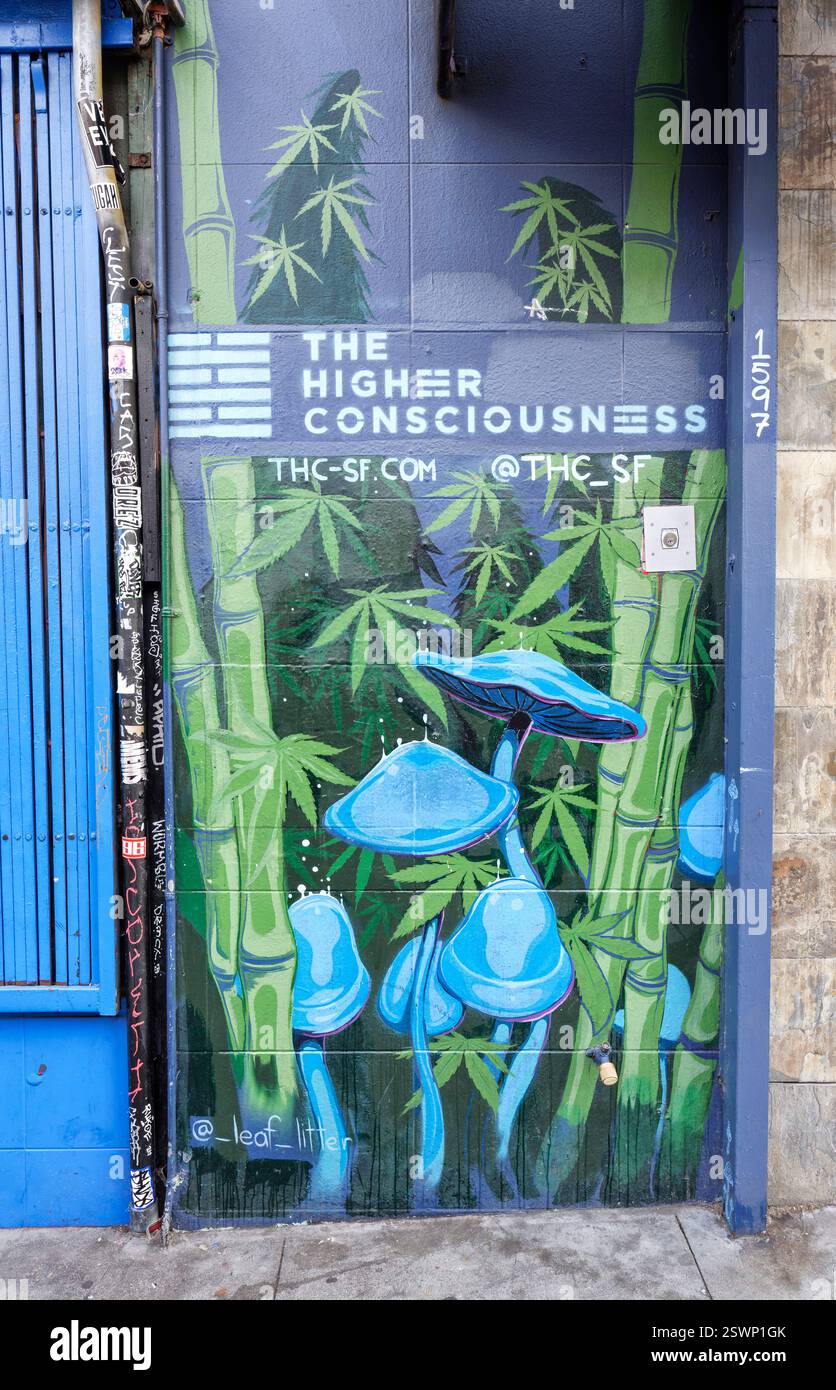 Psychedelic mushroom street art on building on Haight Street, centre of ...