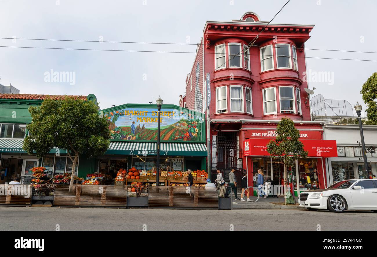 Jimi Hendrix House (red) and retro shops, cafes, legal cannabis stores ...