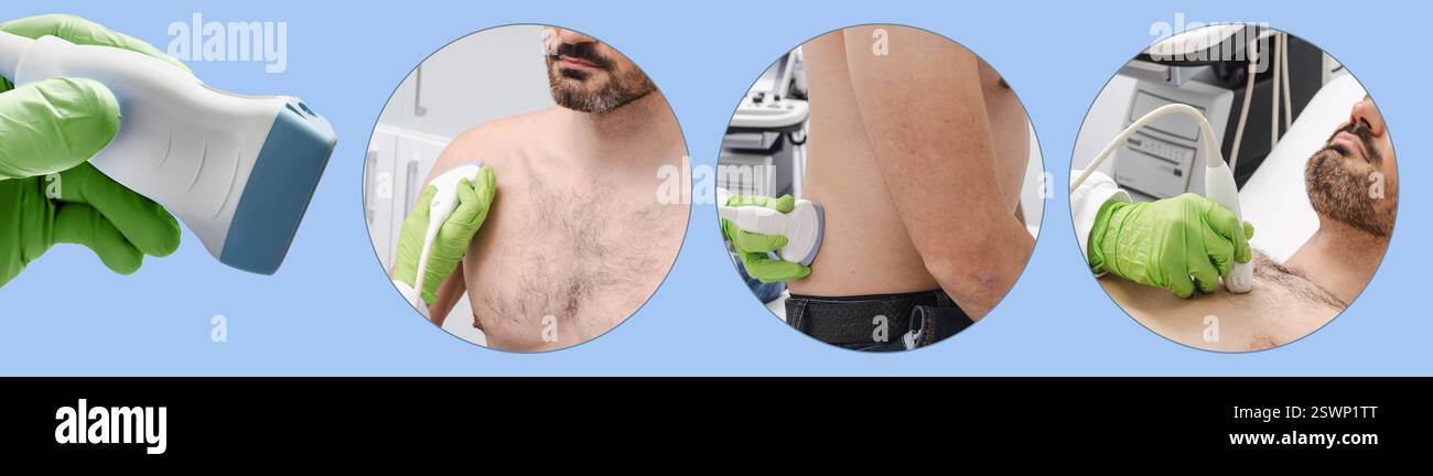 Collage of ultrasound examinations of internal organs and bone injuries ...