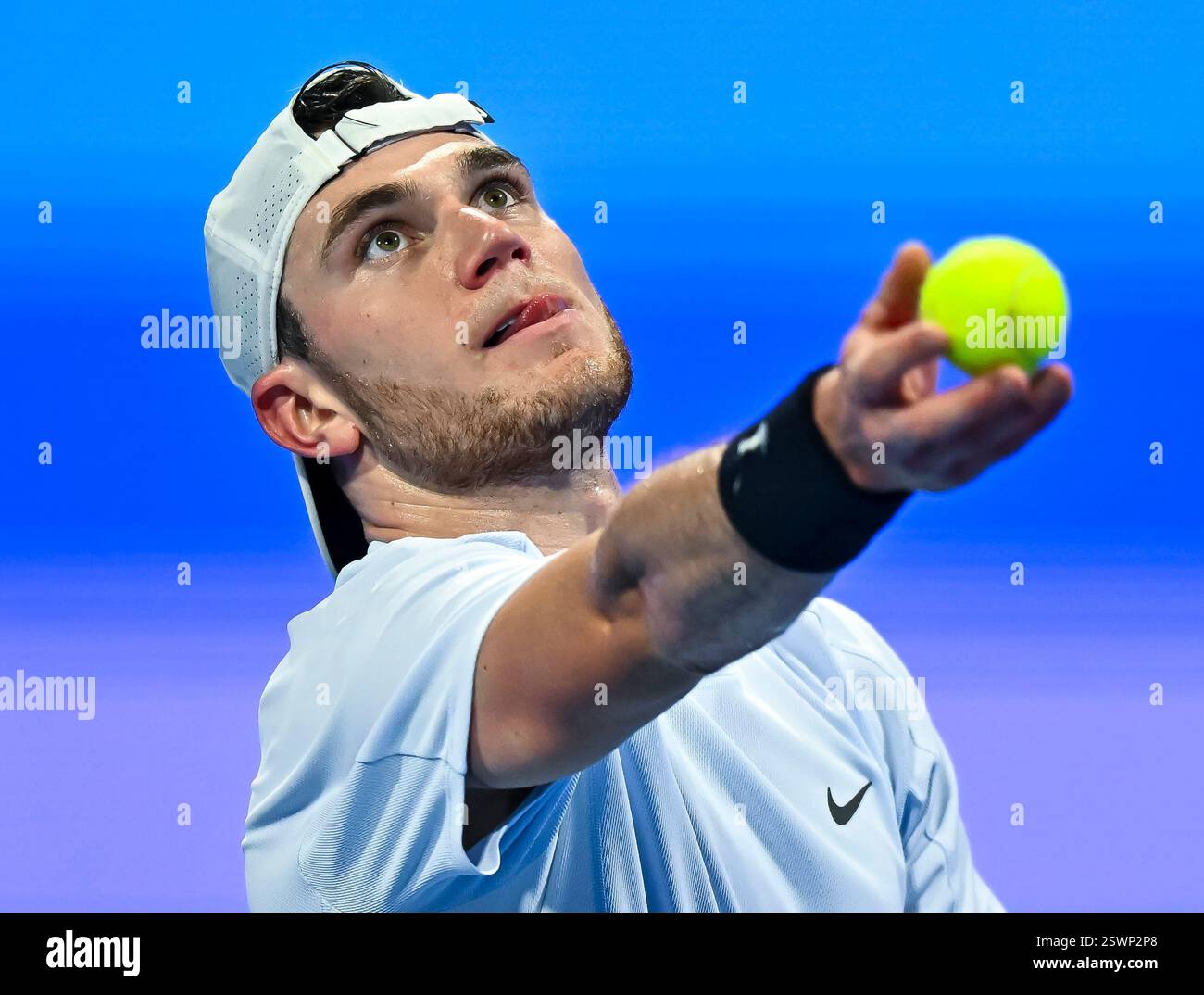 Doha, Qatar. 21st Feb, 2025. Jack Draper of Britain serves during the ...