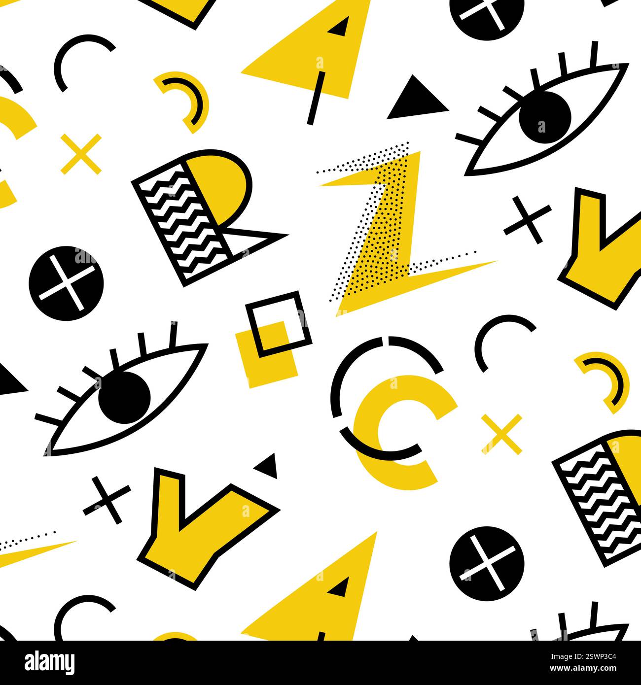 A Seamless Pattern in Memphis Style, Composed of Various Geometric ...