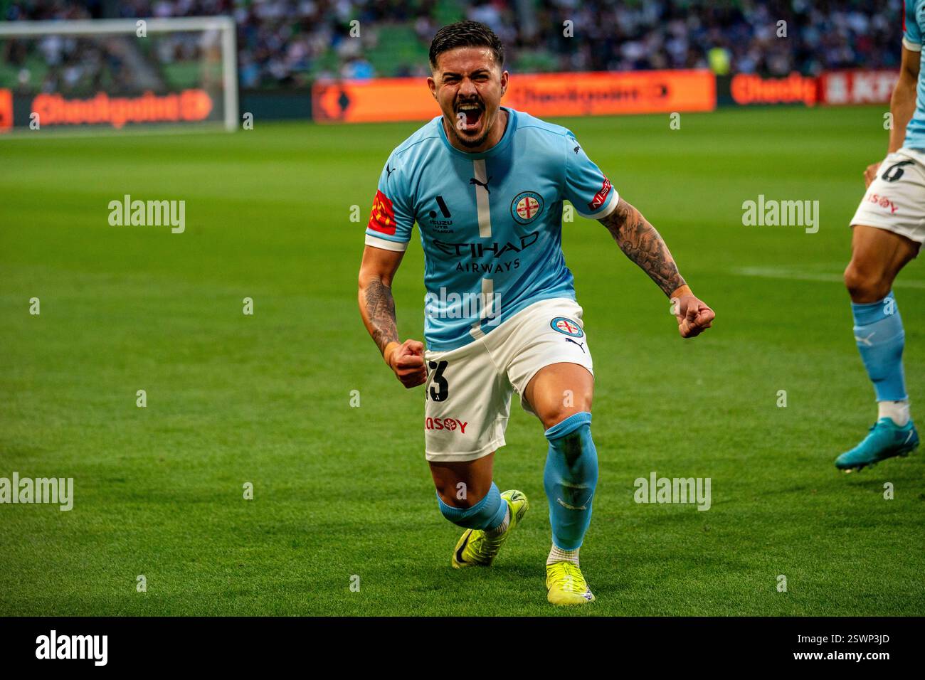 February 22, 2025, Melbourne, Victoria, Australia: Melbourne City FC Forward MARCO TILIO scores ...