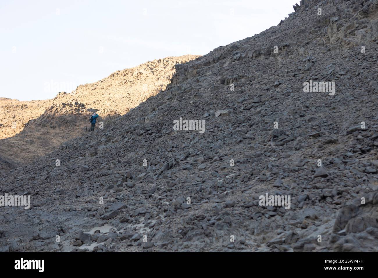 Geologist walking in a rocky area of the marsa alam desert in egypt ...