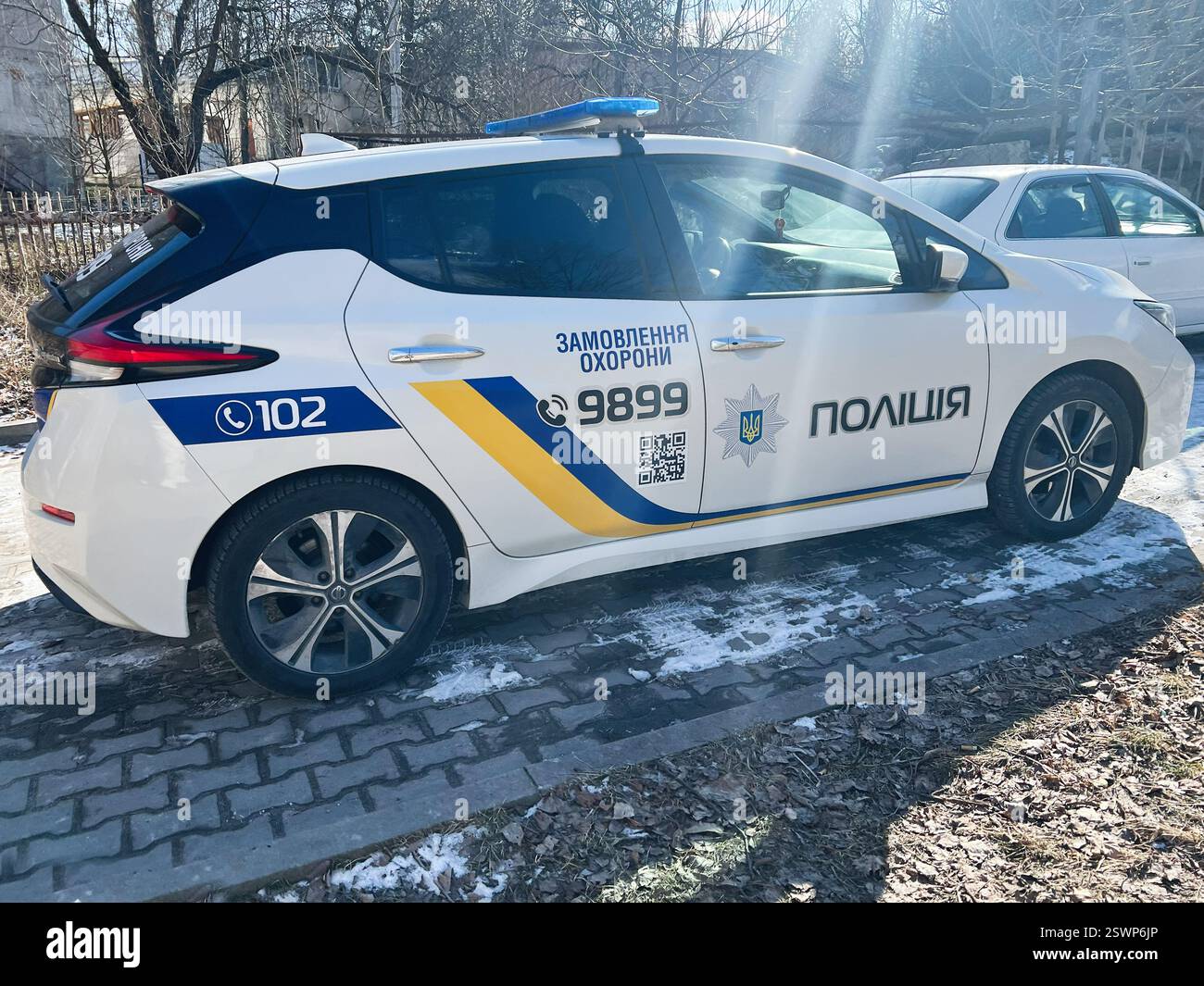 Kyiv, Ukraine - February 16, 2025: Electric police car stationed in a ...