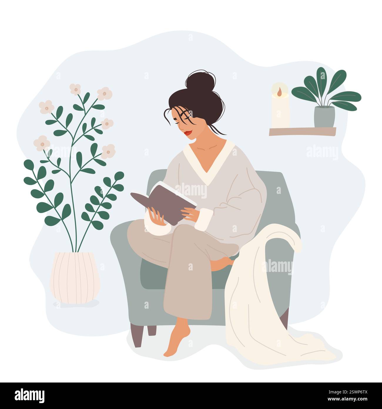 Woman reading a book in a cozy chair, self-care concept Stock Vector ...