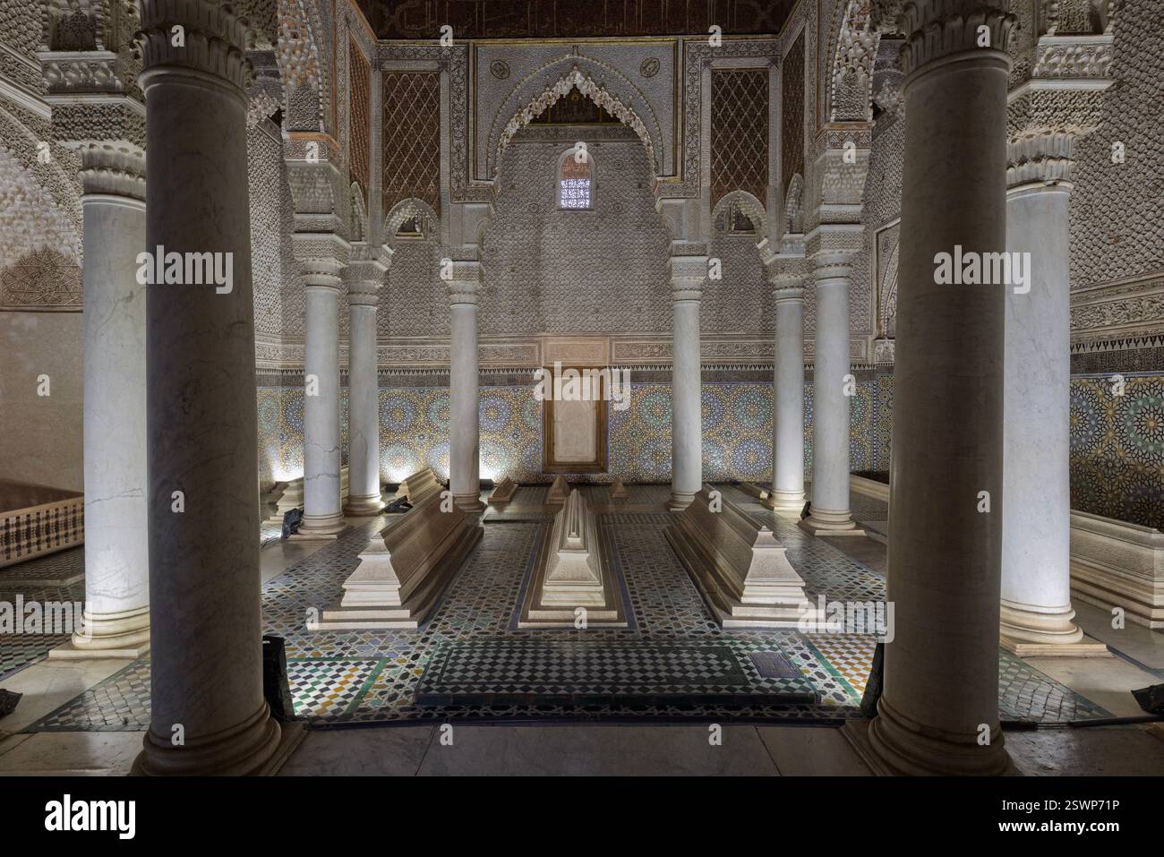 Saadian Tombs in Marrakesh are a mausoleum surrounded by gardens, decorated with colorful tiles ...