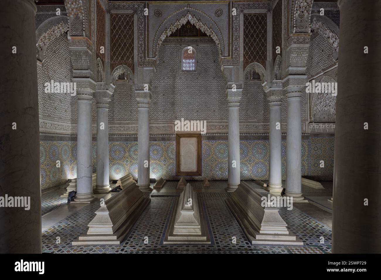 Saadian Tombs in Marrakesh are a mausoleum surrounded by gardens, decorated with colorful tiles ...