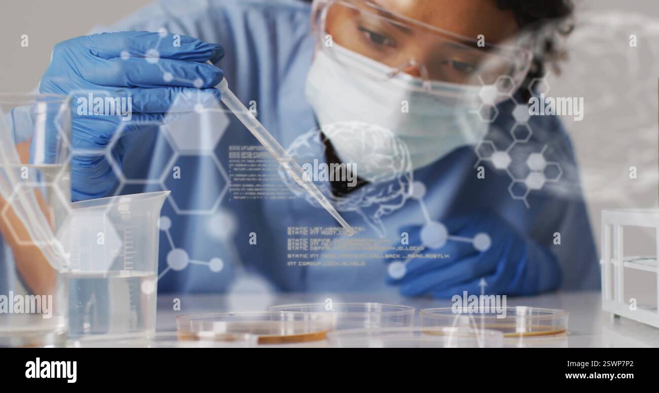 Image of science data processing over biracial female scientist doing ...