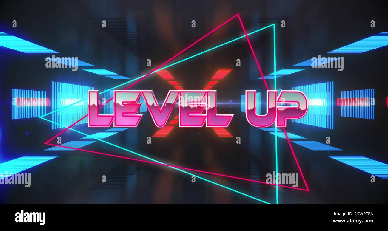 Image of level up text over colourful neon shapes Stock Photo - Alamy