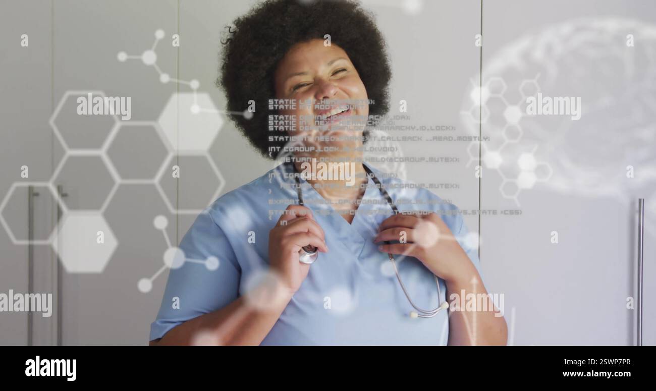 Image of science data processing over biracial female nurse smiling Stock Photo - Alamy