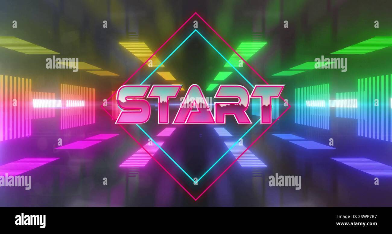 Image of start text over colourful neon shapes Stock Photo - Alamy