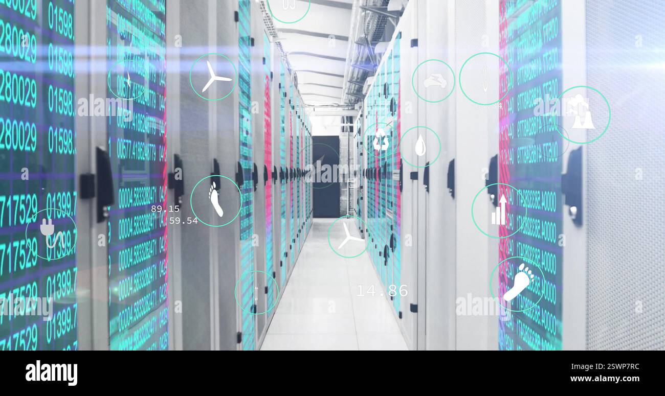 Image of eco icons and digital data processing over computer servers ...