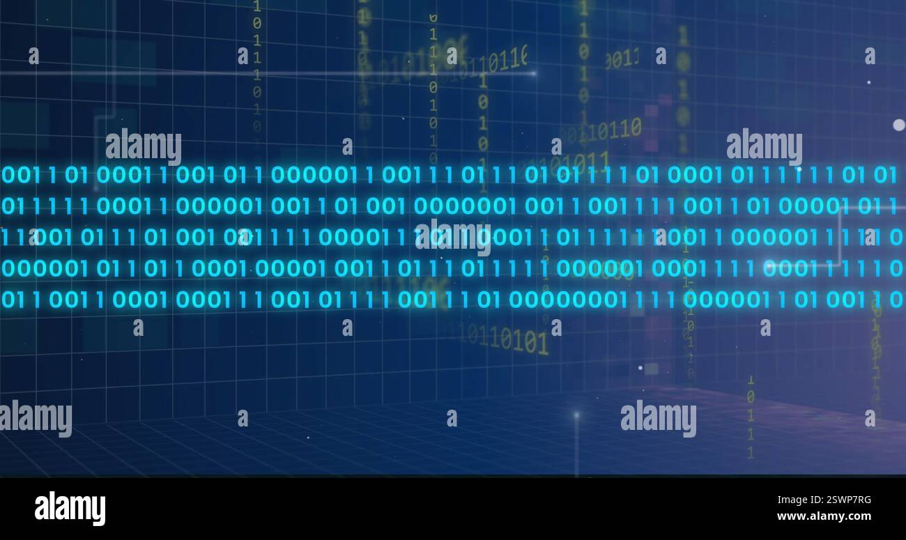 Binary code and data processing image over digital grid background ...
