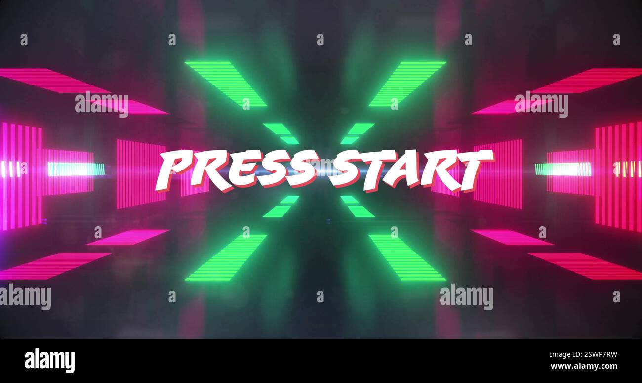 Image of press start text over colourful neon shapes Stock Photo - Alamy