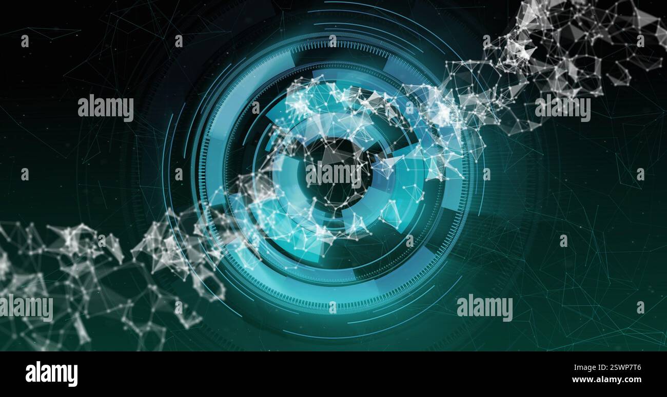 Rotating digital interface with interconnected nodes and geometric shapes, futuristic image ...