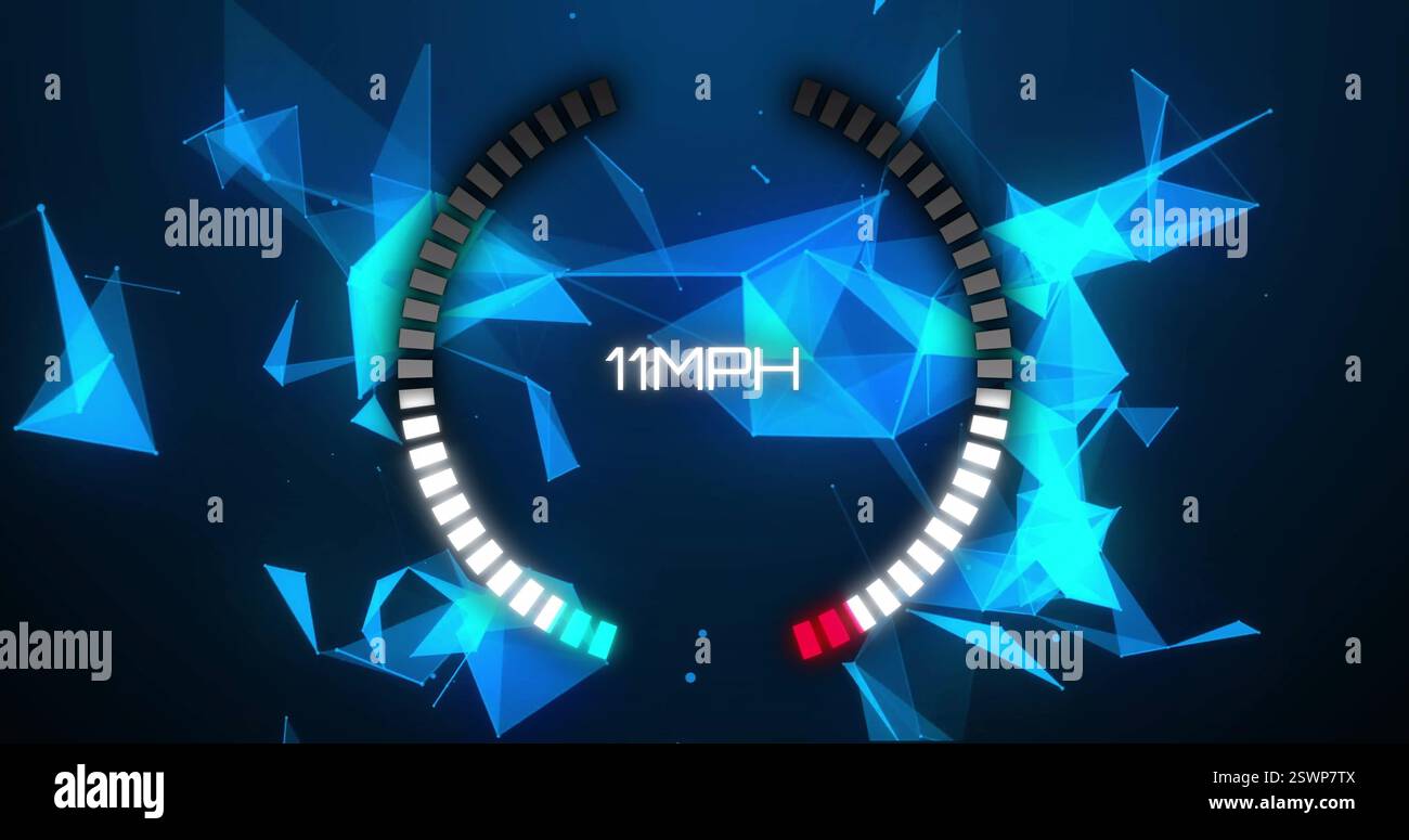 Speedometer image showing 90 MPH over blue geometric shapes Stock Photo ...