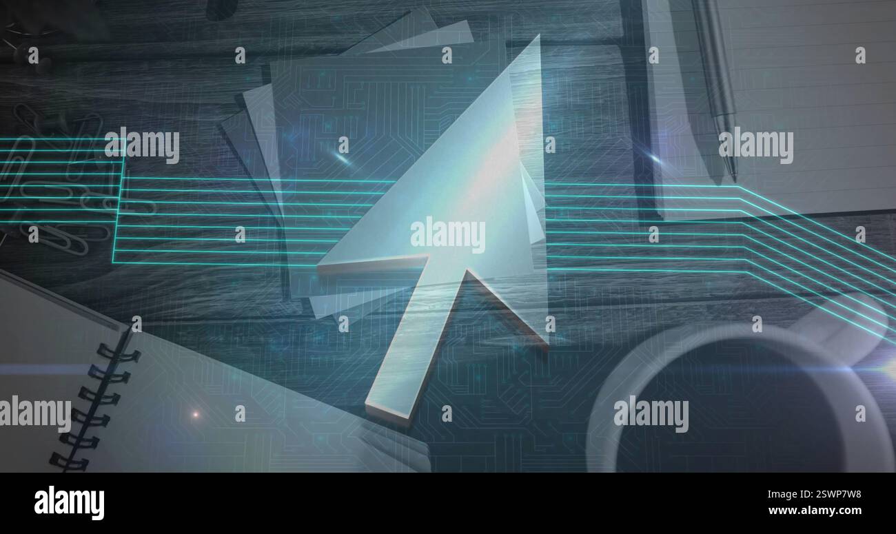 Large cursor image over office desk with papers and coffee cup Stock ...