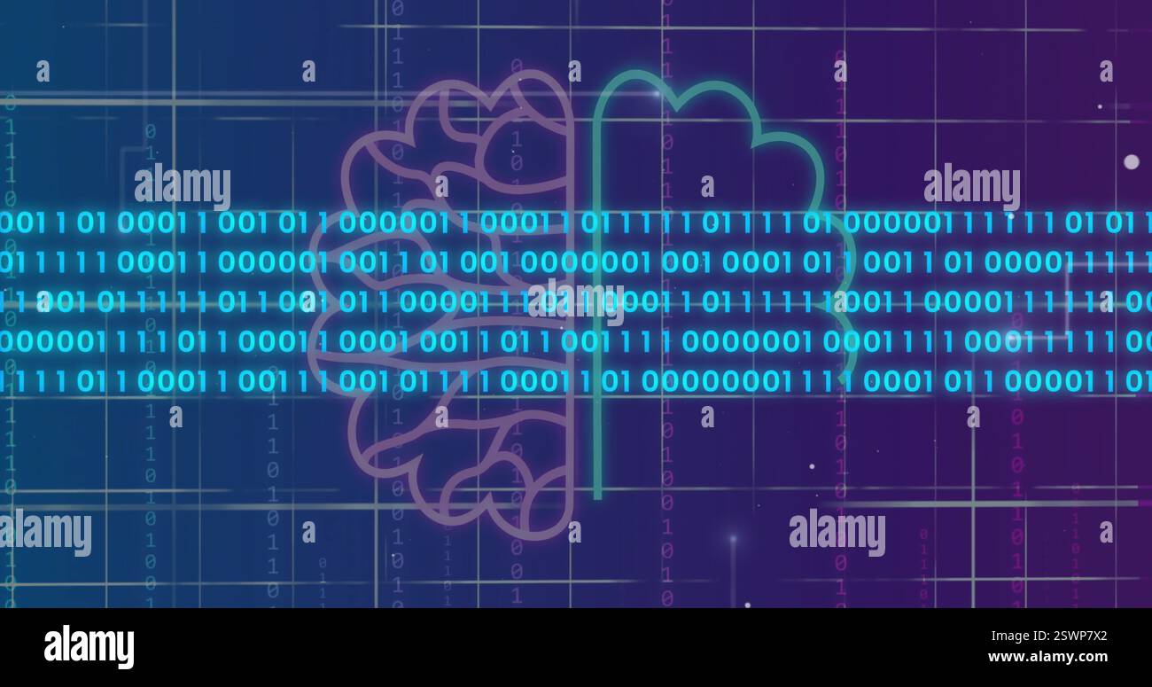 Binary code over brain image with grid background Stock Photo - Alamy