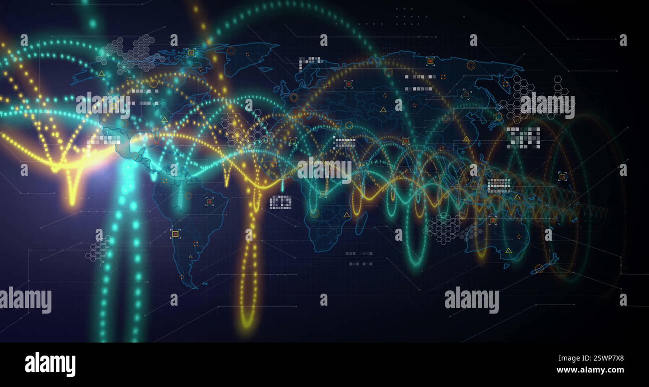 Image of dna strand over world map and data processing Stock Photo - Alamy