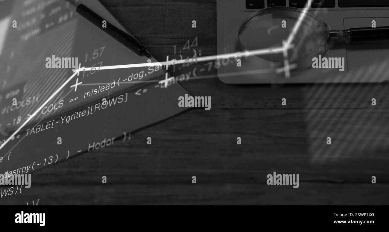 Mathematical equations and graphs image over desk with laptop and ...