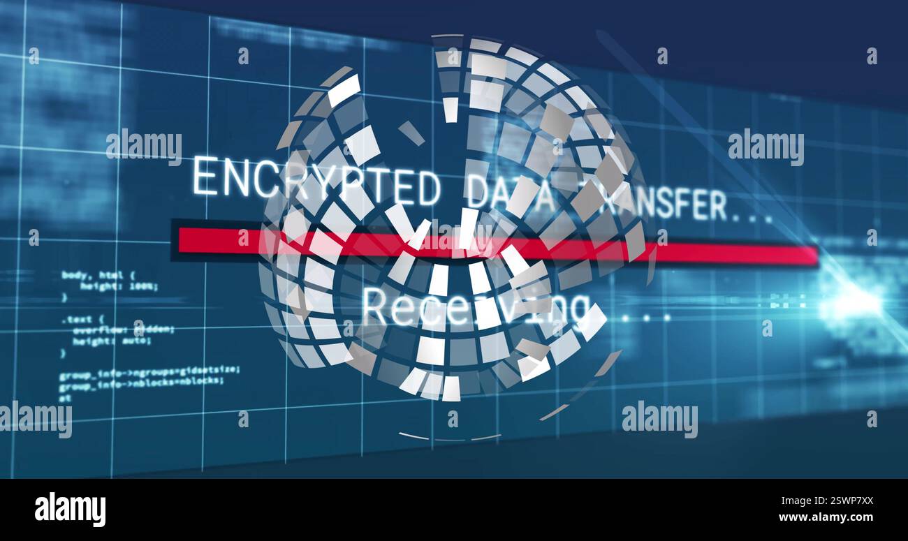 Encrypted data transfer image over rotating globe and digital grid Stock Photo - Alamy