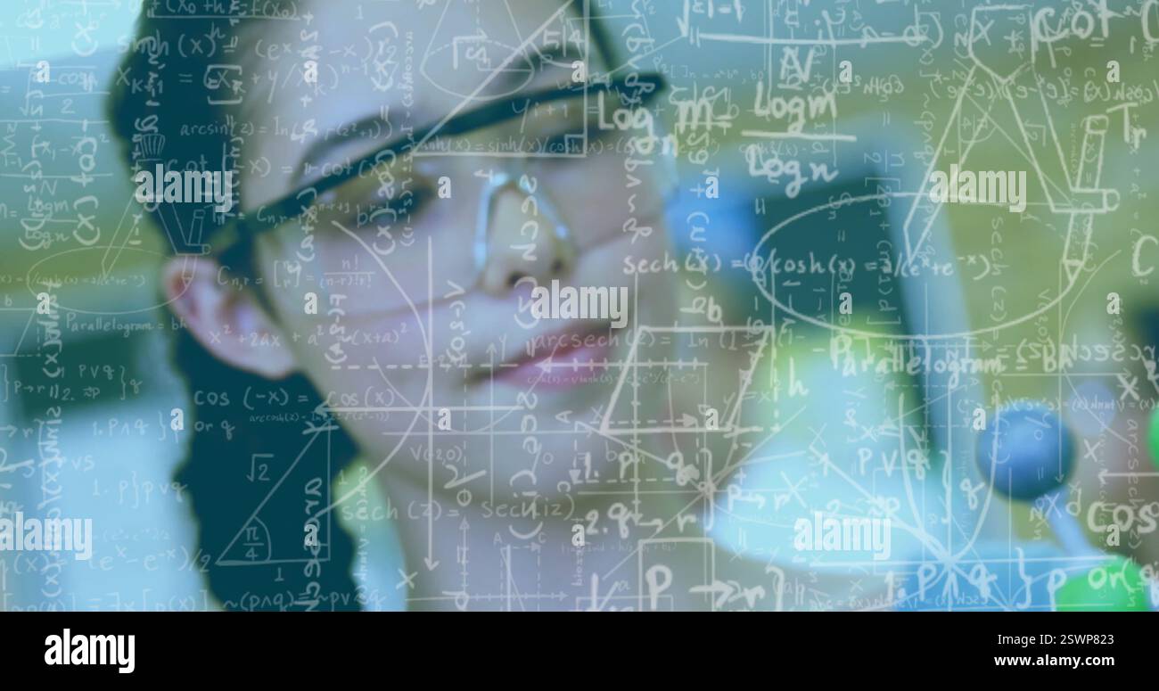 Mathematical equations and formulas image over person working in ...