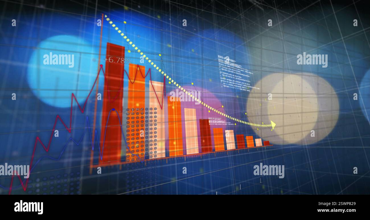 Bar and line graphs with data points image over blue and orange ...