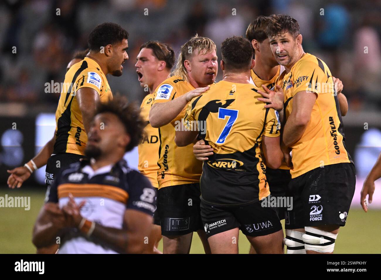 Canberra, Australia. 22nd Feb, 2025. Western Force players celebrate ...