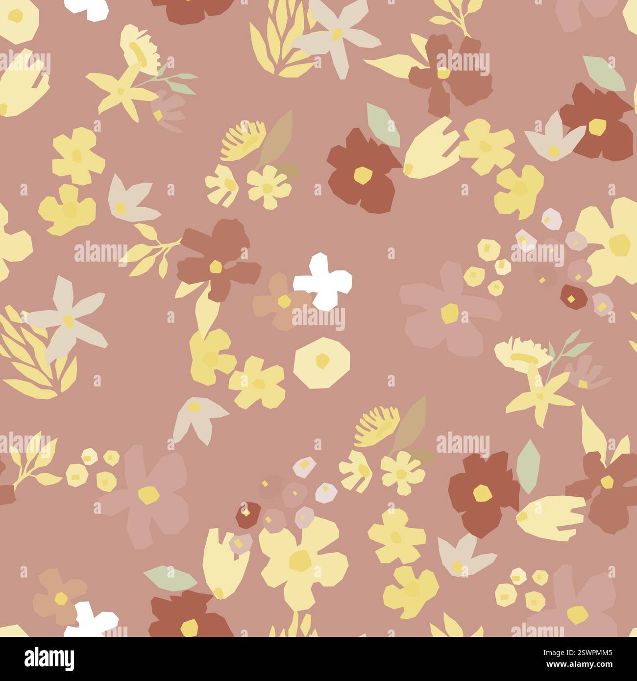 A seamless floral pattern featuring blooms and leaves on a coral pink ...
