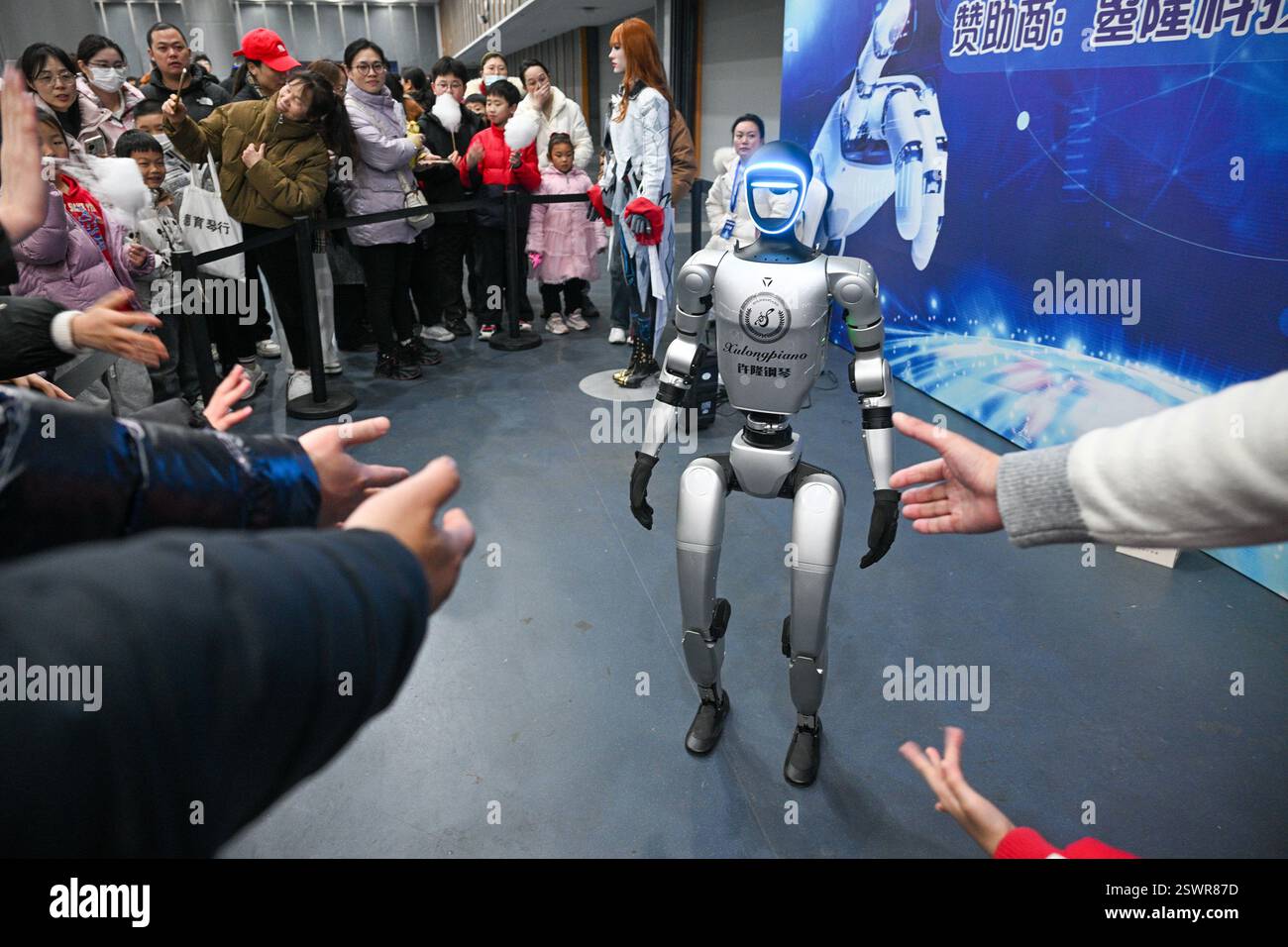 NANJING, CHINA - FEBRUARY 22, 2025 - Visitors prepare to shake hands ...