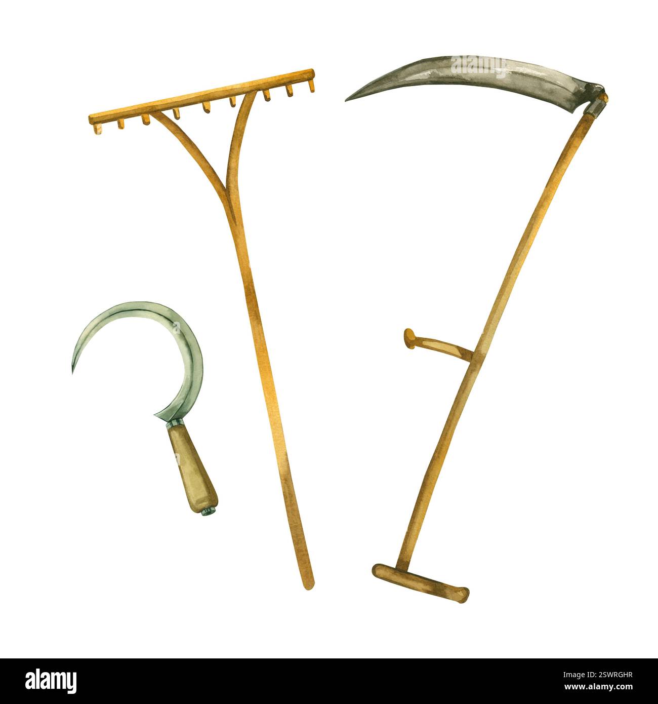 Garden tools, antique harvesting tools, metal sickle, scythe, wooden ...