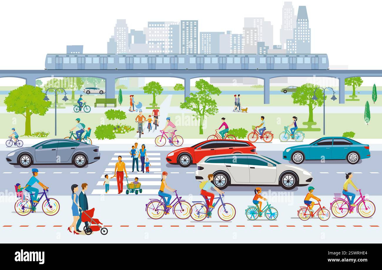 City overview with cyclists and traffic illustration Stock Photo - Alamy