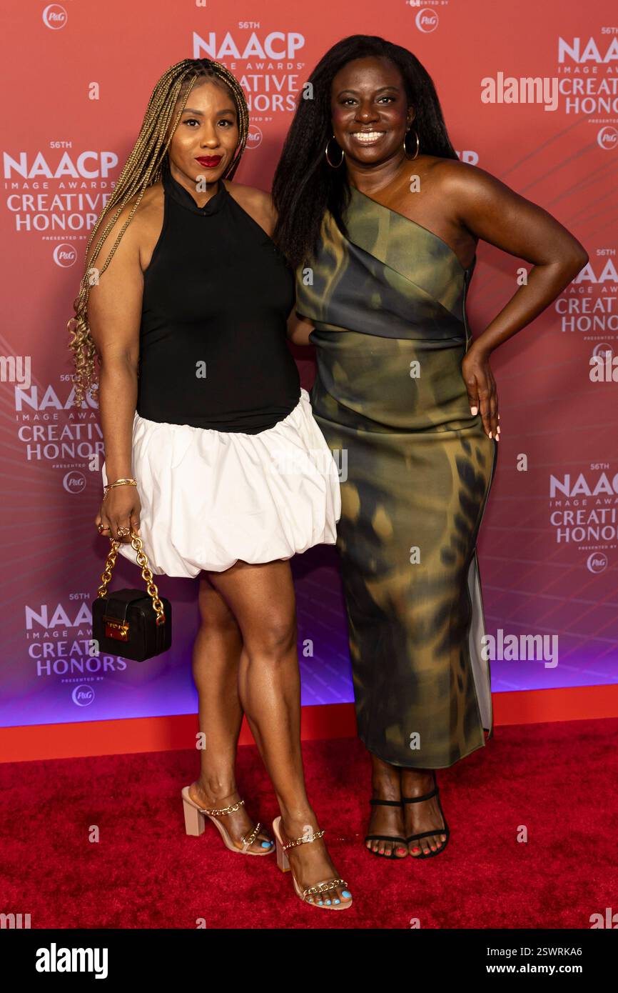 Los Angeles, USA. 21st Feb, 2025. Oby Enyia and Maegan Moore attend the arrivals of the “56th ...