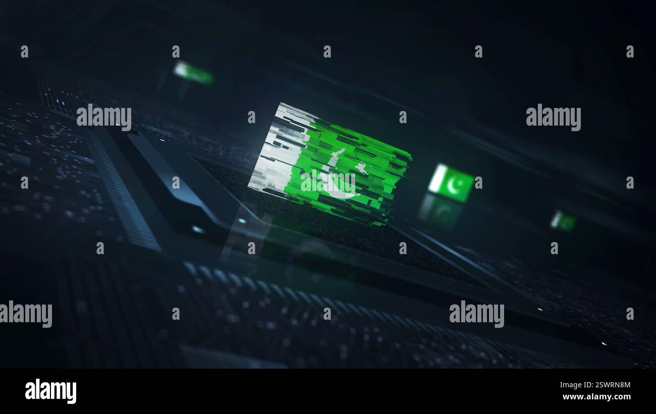Pakistan digital technology flag cyber on on computer CPU in background ...