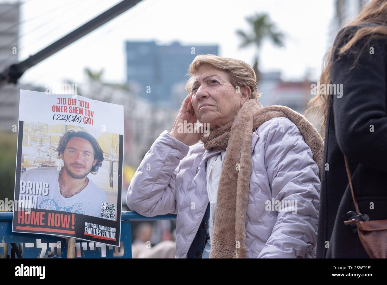 February 22, 2025, Tel Aviv, Tel Aviv, Israel: People watch the release ...