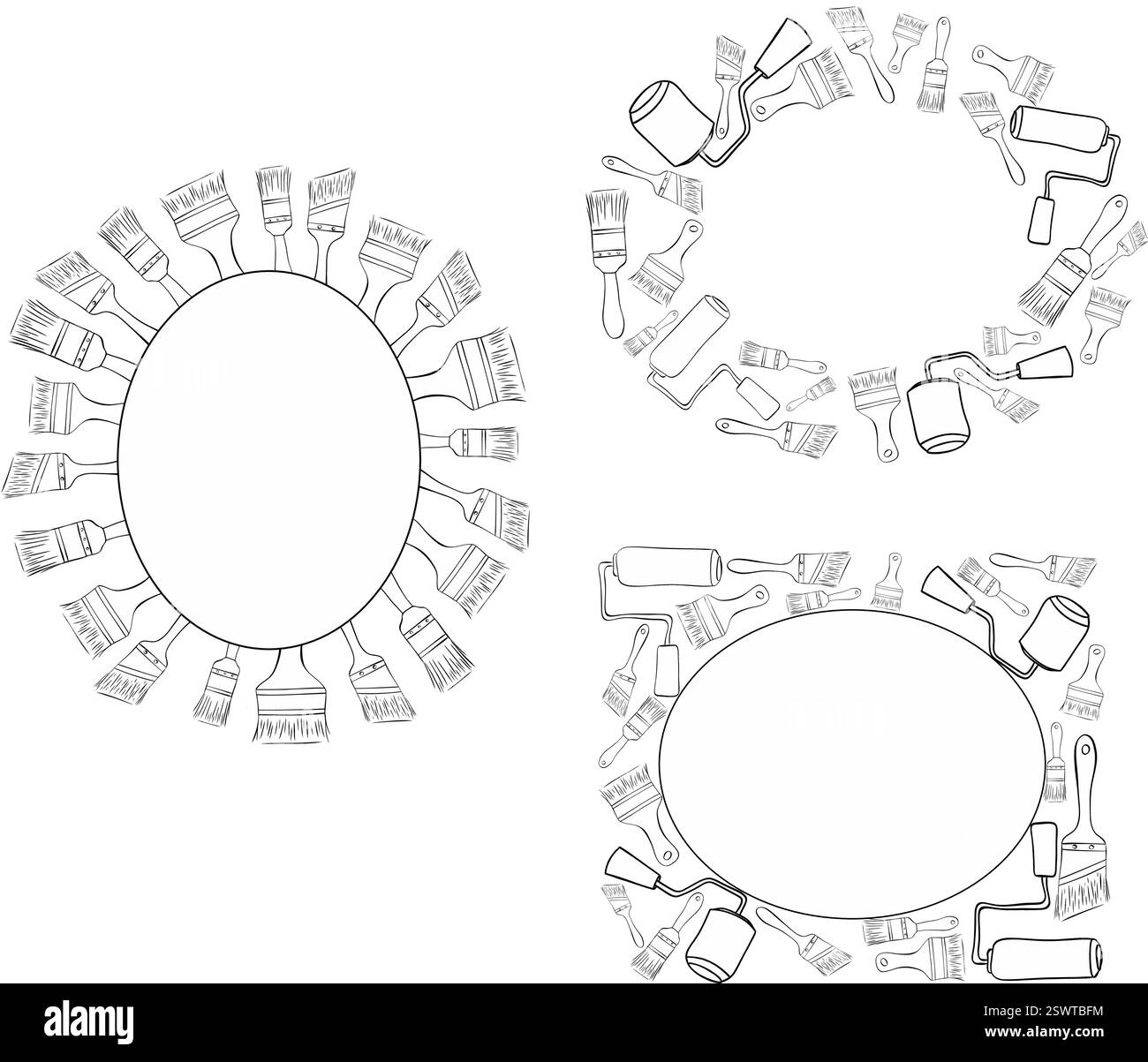 painter roller and brushes oval frames set. Vector graphic line ink ...