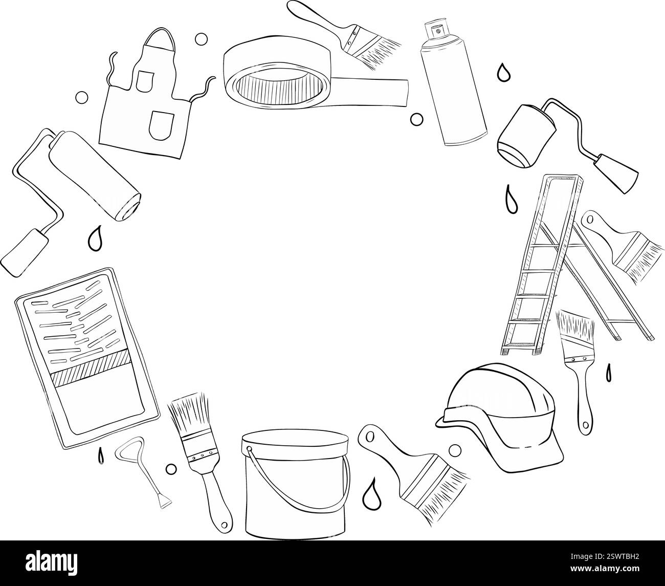 Handyman painter tools oval frame. Vector graphic line ink template ...