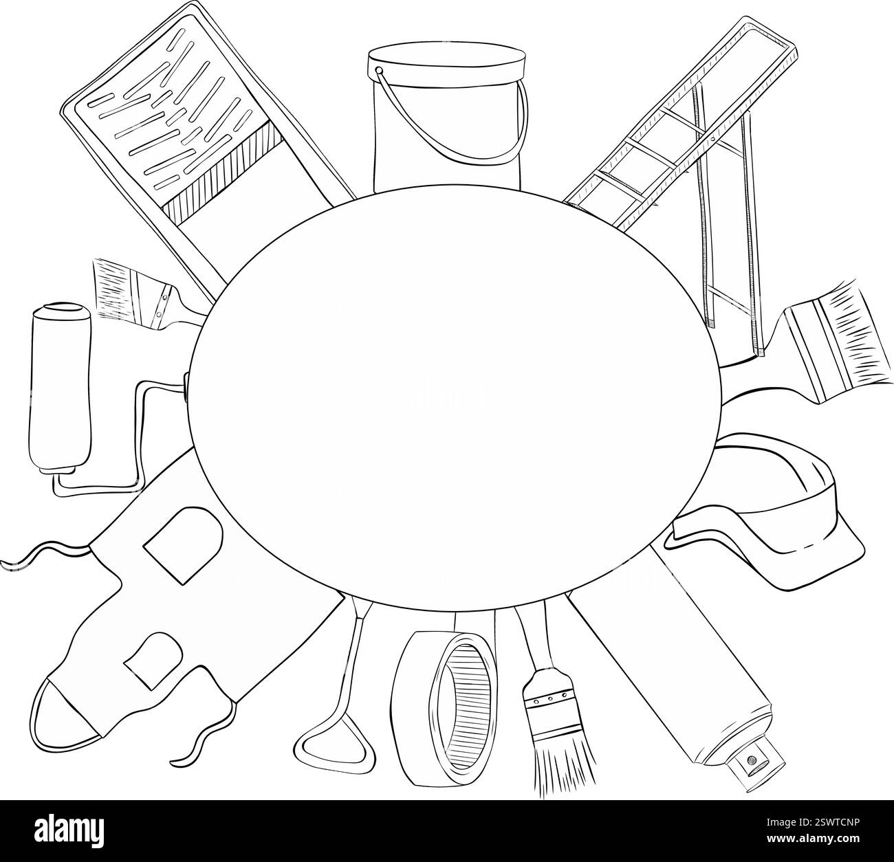 Stock vector oval frame with painter tools Paint can opener, color can ...