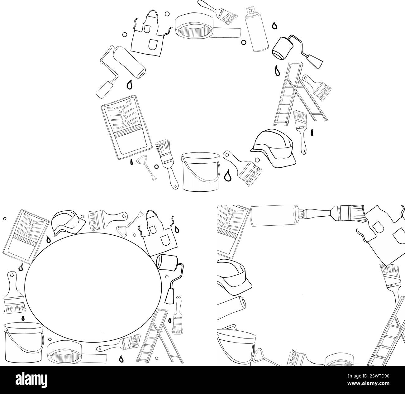 Painter tools oval frame set. Graphic line ink Set of painting tools ...