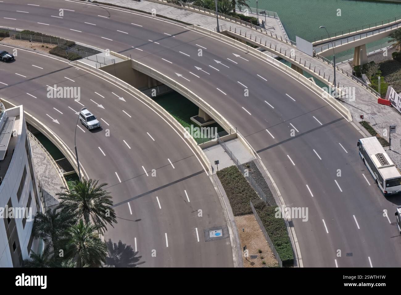 Top down aerial view on modern traffic multiple lane highway road ...