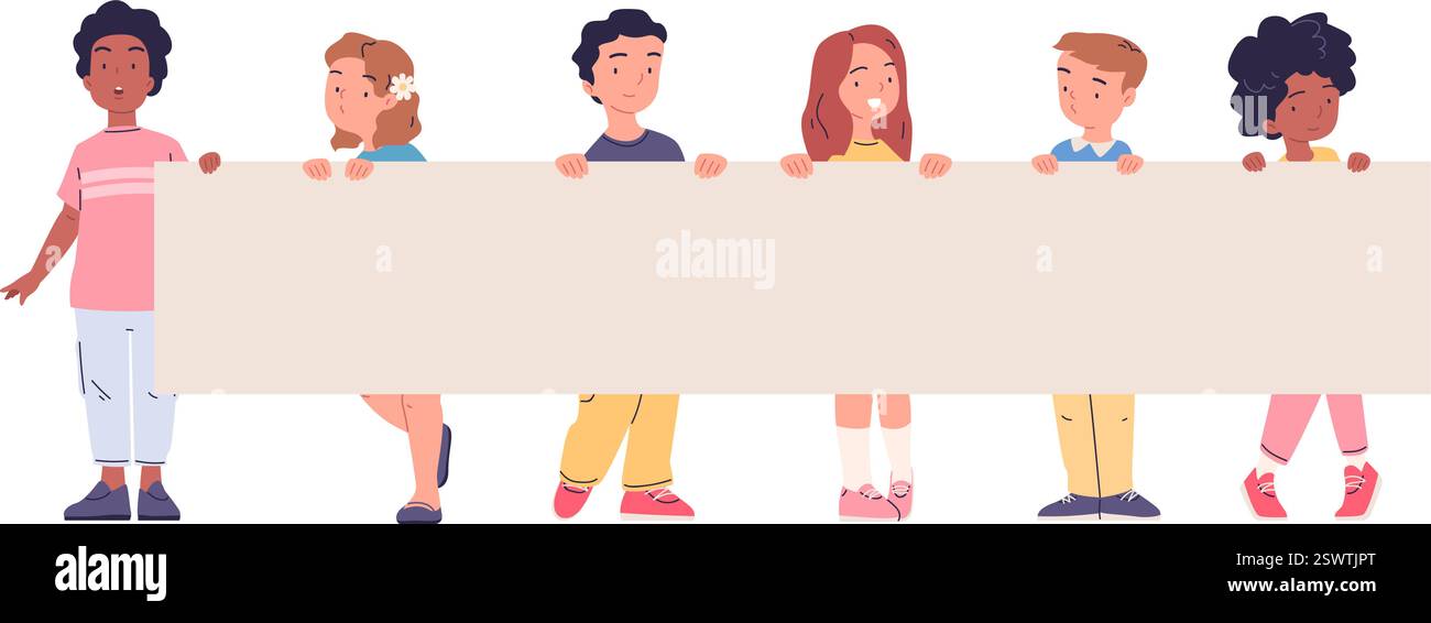 Kids hold long banner. Cartoon children hold big blank placard, school ...