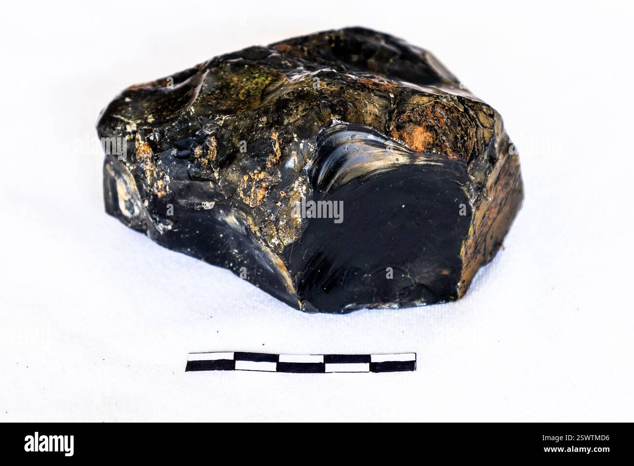 A specimen of black Obsidian against a white background with a 5cm ...
