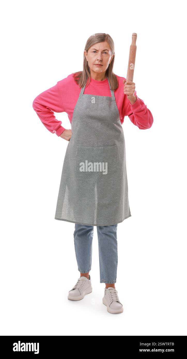 Angry woman with rolling pin on white background Stock Photo - Alamy