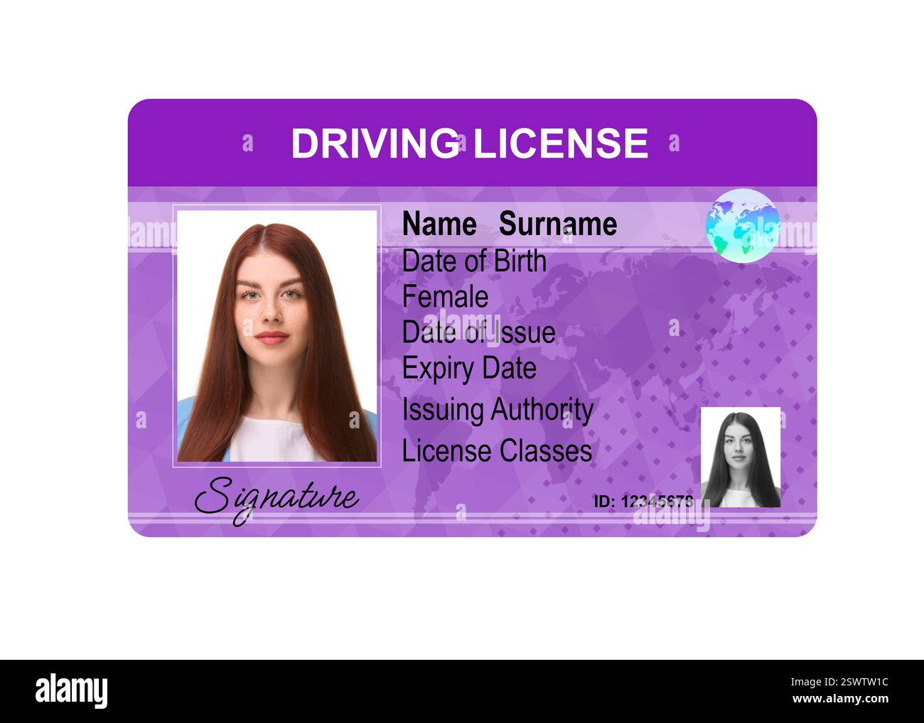 Driver's license with photo of woman and world map illustration ...