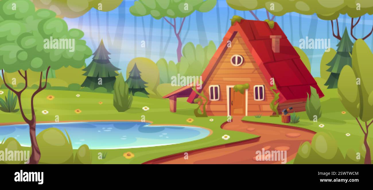 Cartoon forest hut. Forester shack, wooden cabin bungalow chalet ...